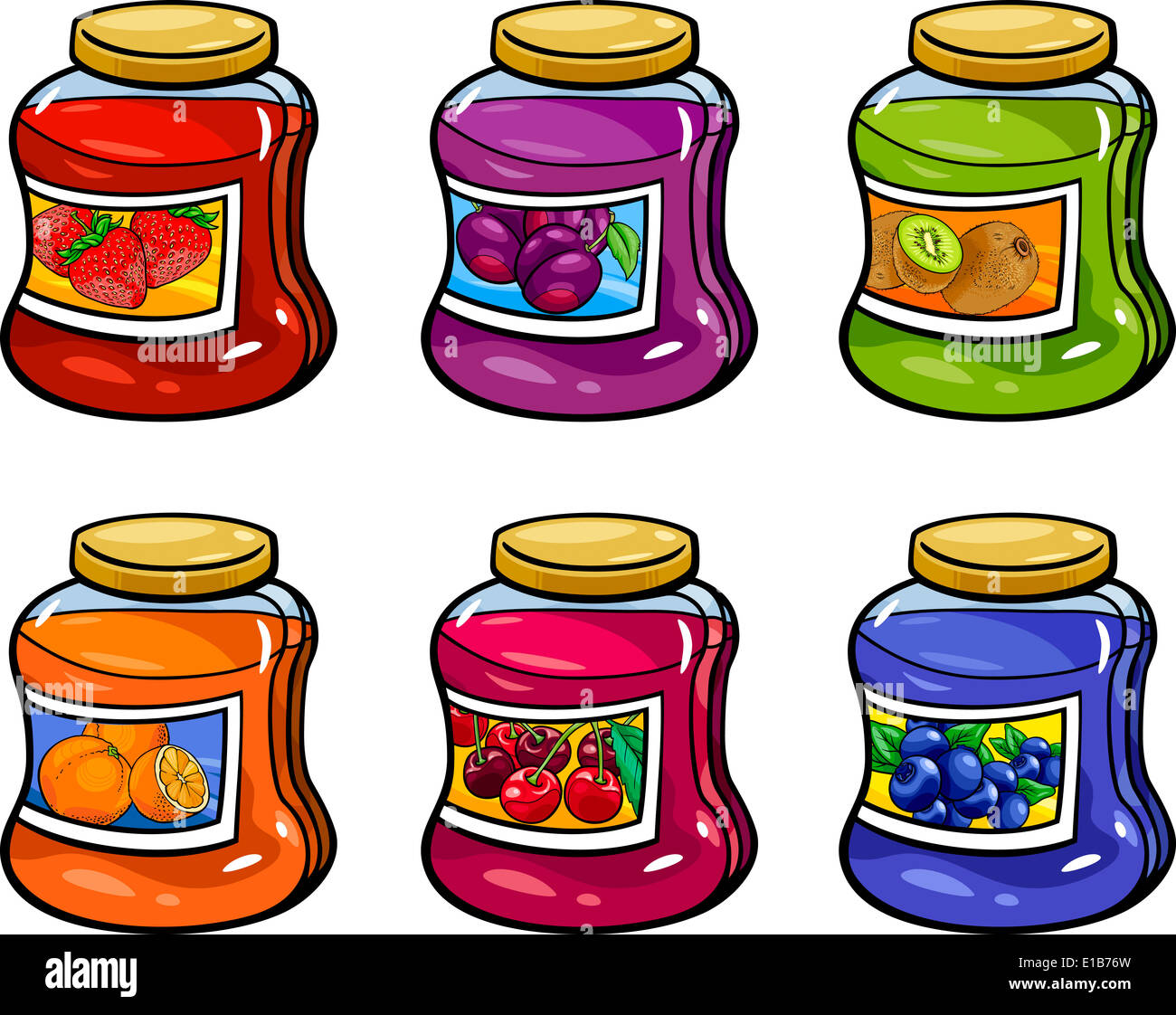 Cartoon Illustration of Various Fruit Jams in Jars Set Stock Photo - Alamy