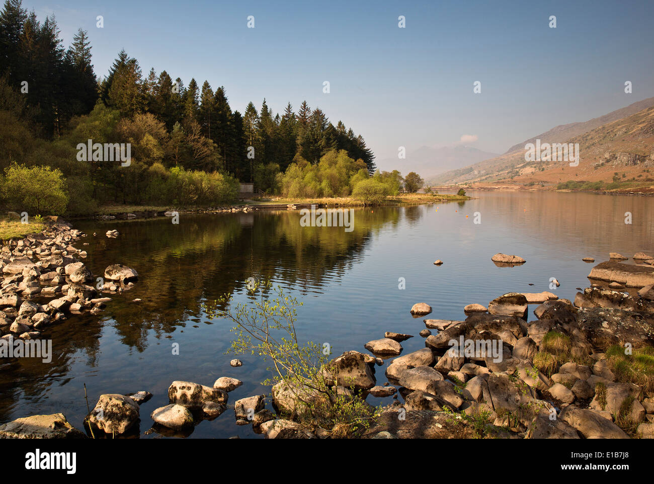 Llynau Mymbyr a lake near Capel Curig in Snowdonia National Park ...