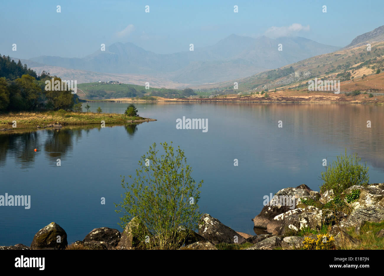 Llynau Mymbyr a lake near Capel Curig in Snowdonia National Park ...