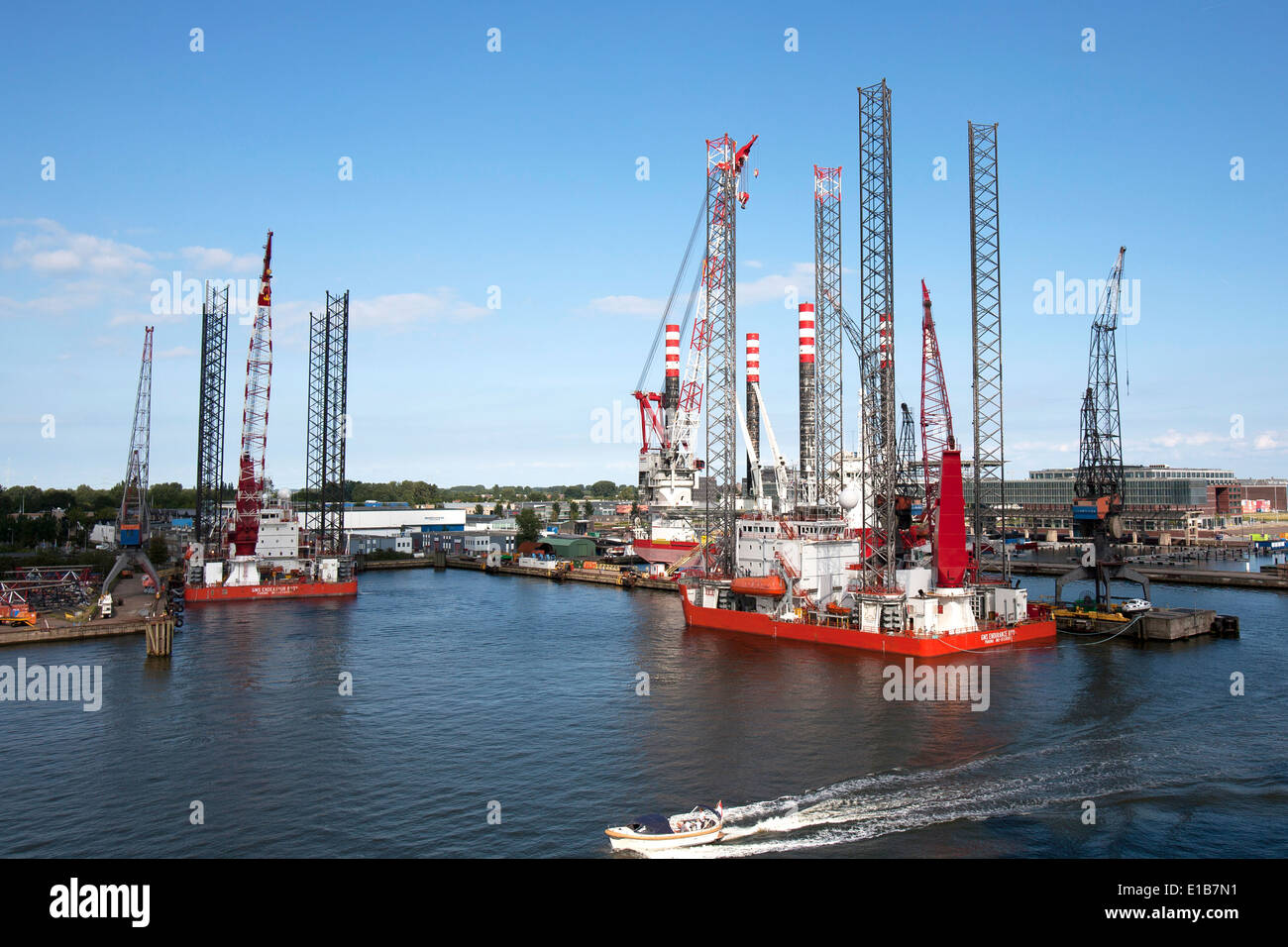 Off shore oil platforms under construction in a North Sea port shipyard ...