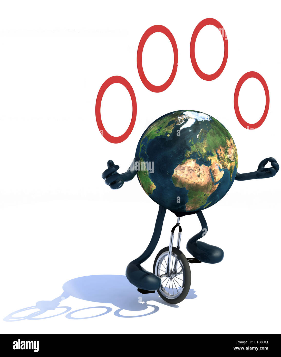 planet earth with arms and legs juggle rides a unicycle with ease, 3d ...