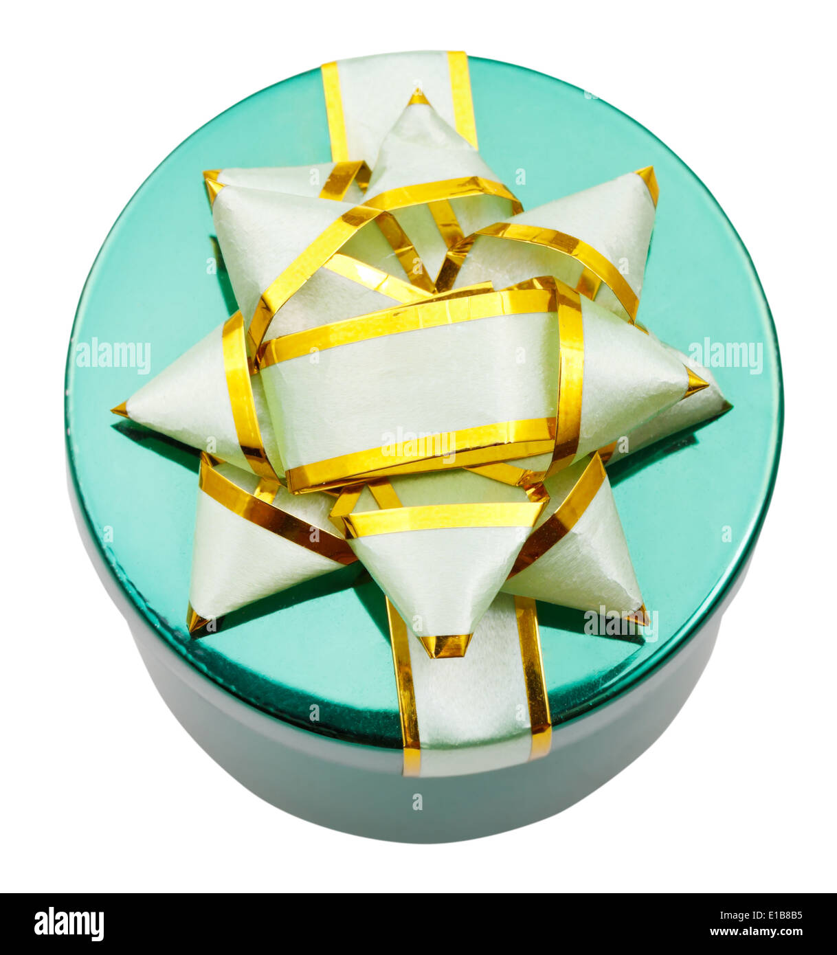 above view of round green box decorated by foil ribbon knot isolated on ...