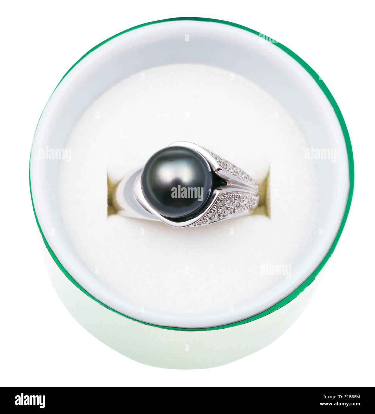top view of white gold ring with black pearl in green box isolated on ...