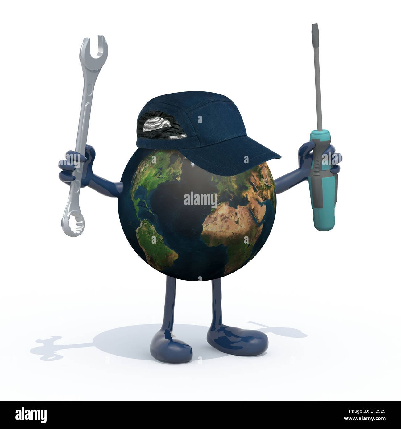 planet earth with arms, legs and tools on hands, 3d illustration Stock ...