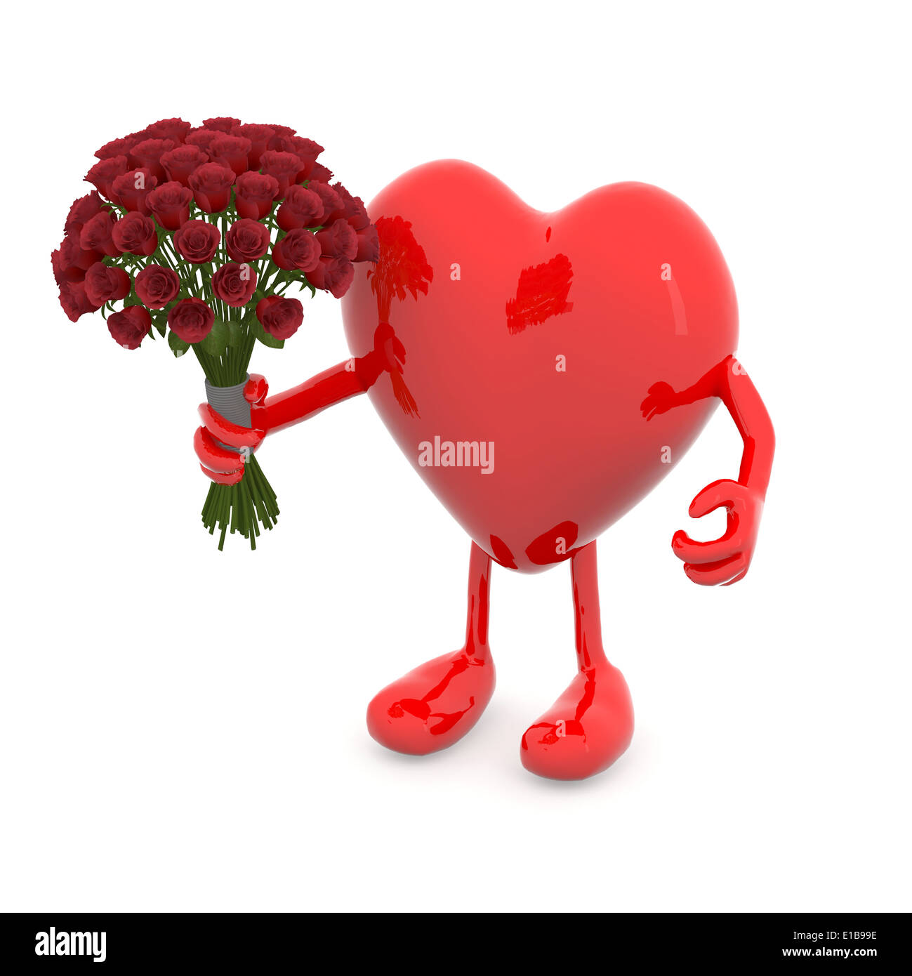 big heart with arms, legs and bunch of roses on hand, 3d illustration ...