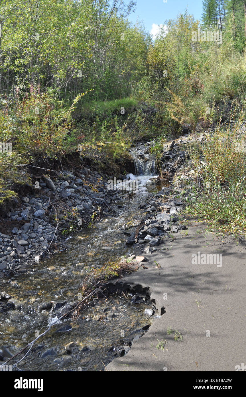 Stream, babbling over the rocks in Yakutia. Ridge Suntar-khayata, river ...