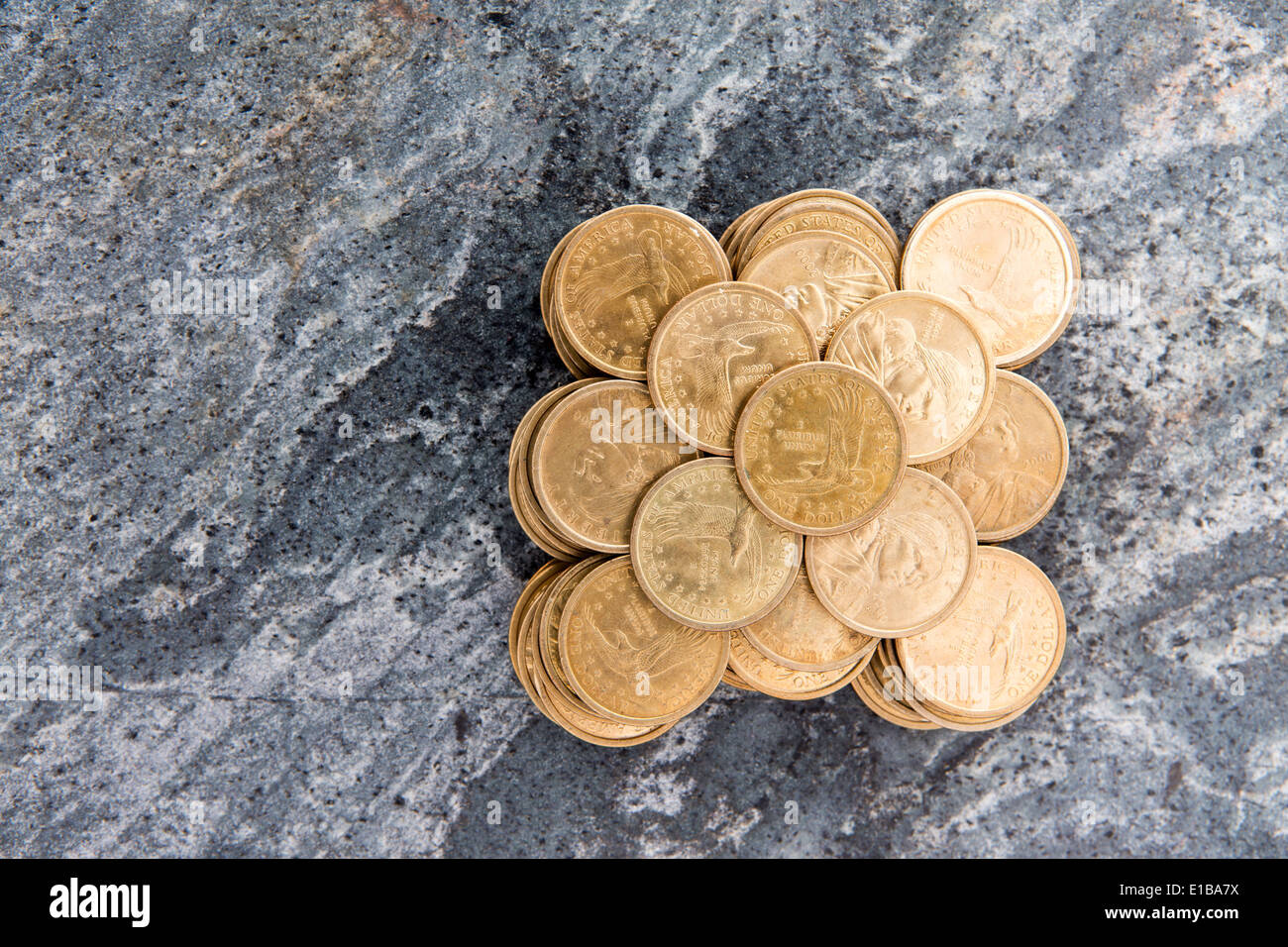 Overhead conceptual financial background image of a pile of neatly ...