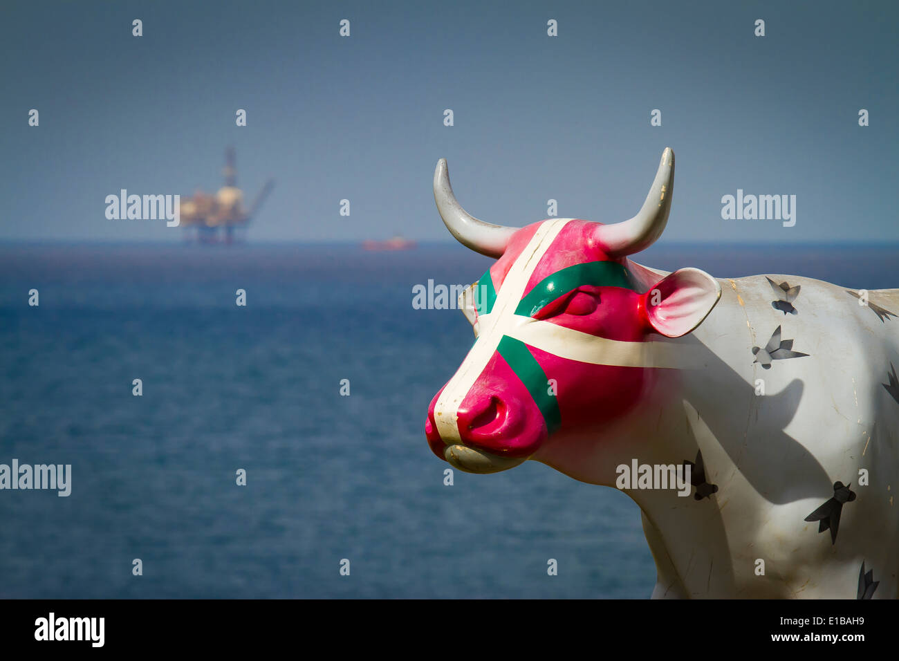 Painted cow and oil rig. Mundaka. Biscay, Basque Country, Spain, Europe ...