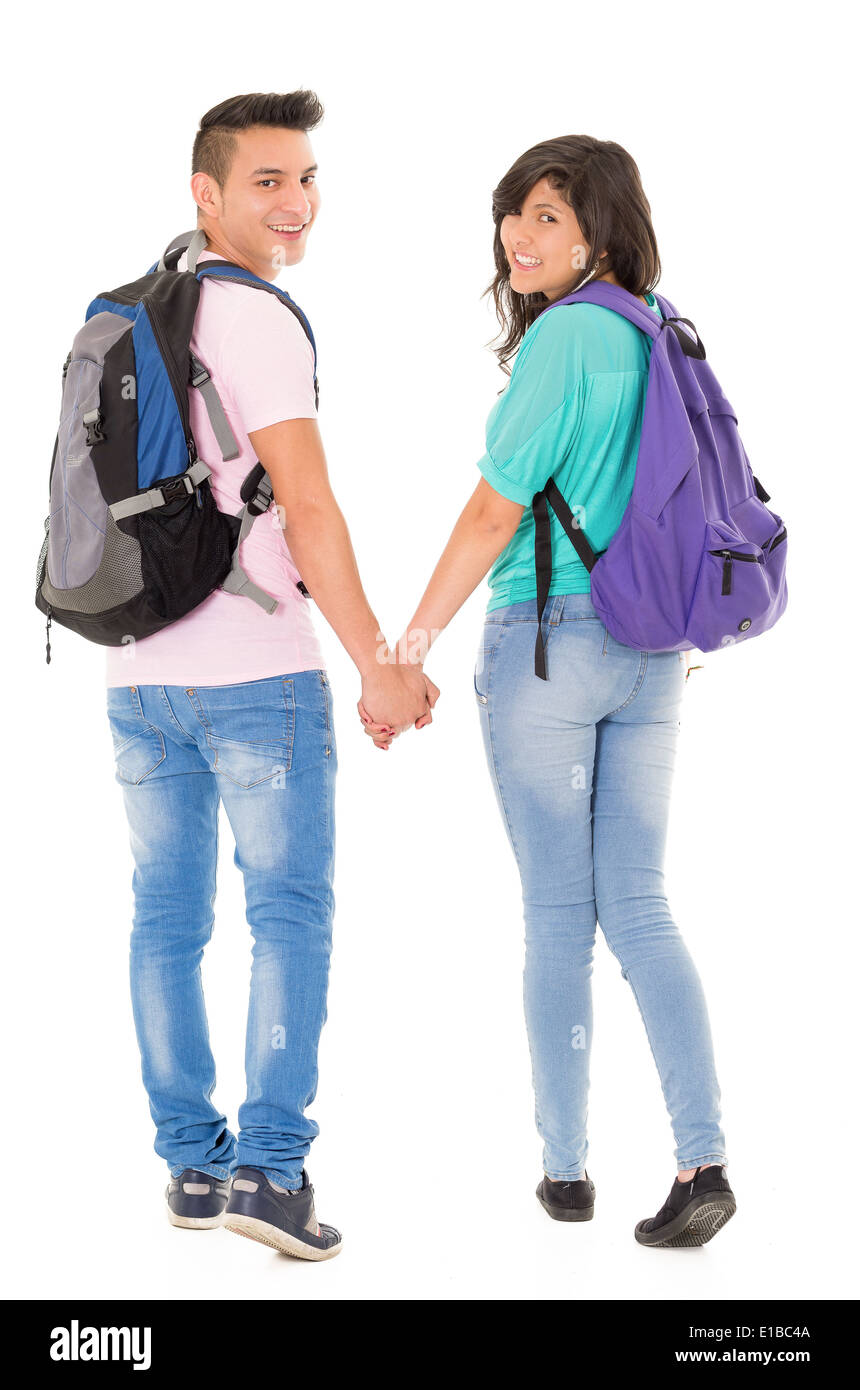 students with backpack white background Stock Photo - Alamy