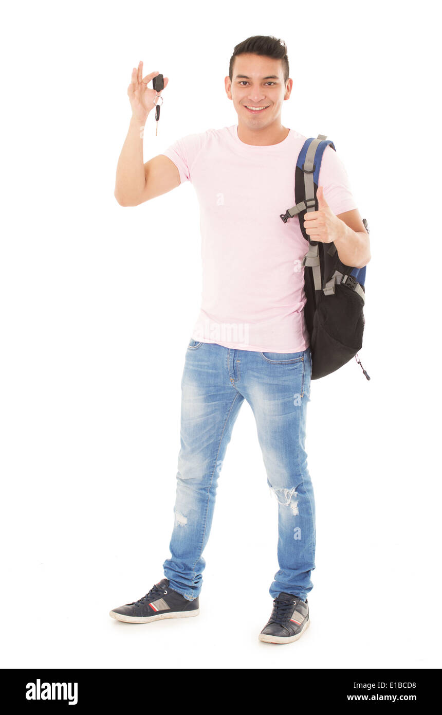 student wearing a backpack on white background Stock Photo - Alamy