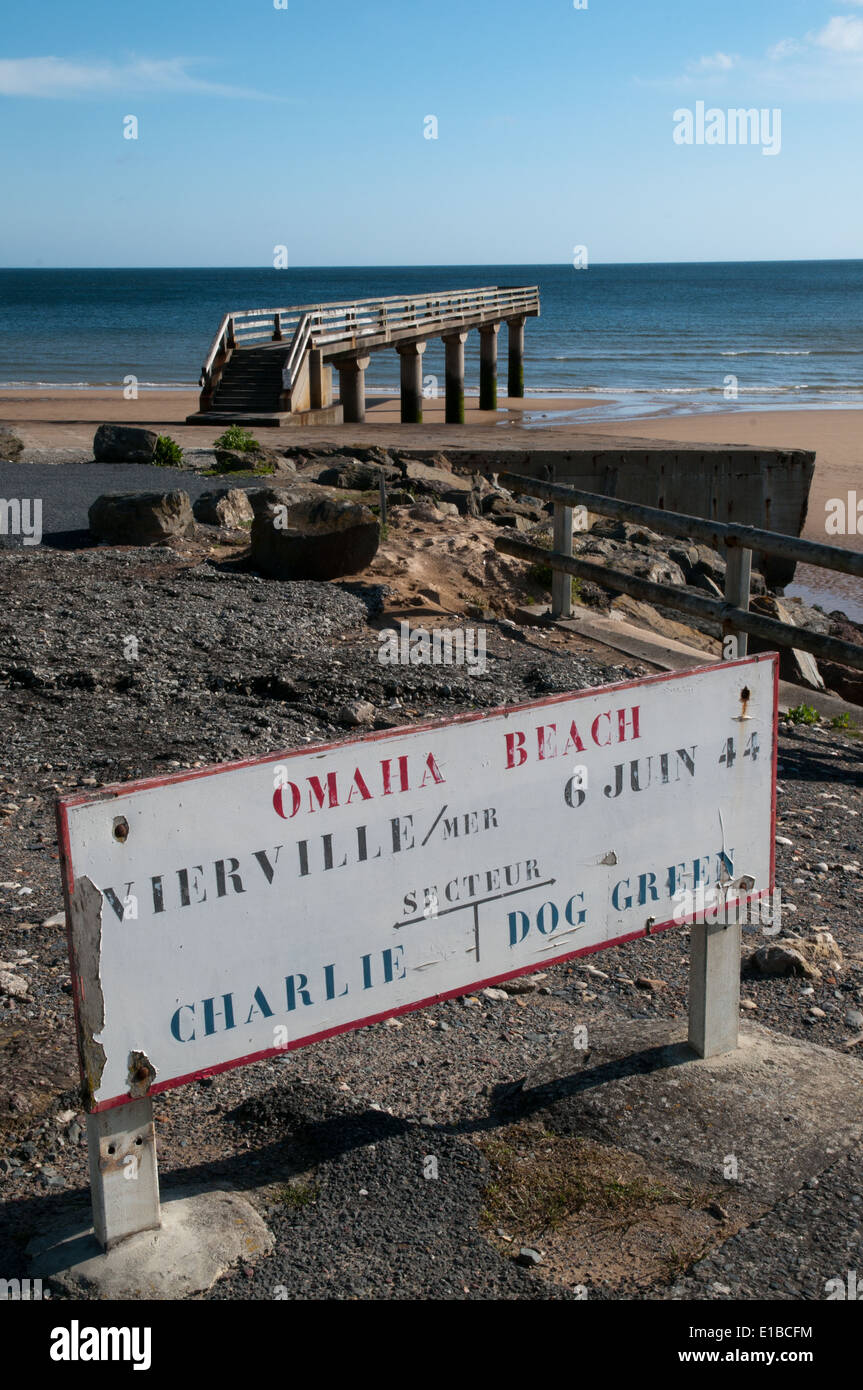 Sign on Omaha Beach commemorating Normandy landings, France Stock Photo ...