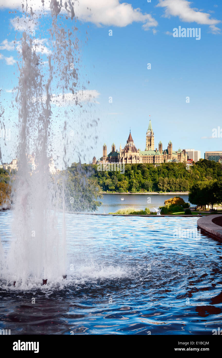 Ottawa cityscape in the day over river with historical architecture ...