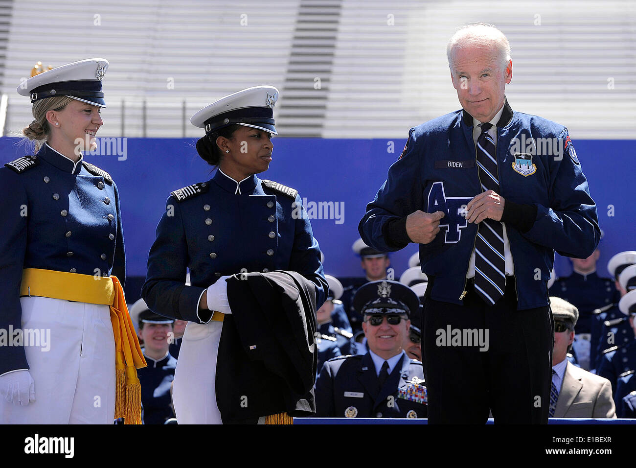 US Vice President Joe Biden receives an athletic jacket from the U.S ...