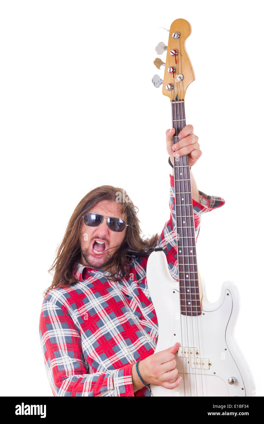 male musician with face expression in red shirt showing his electric ...