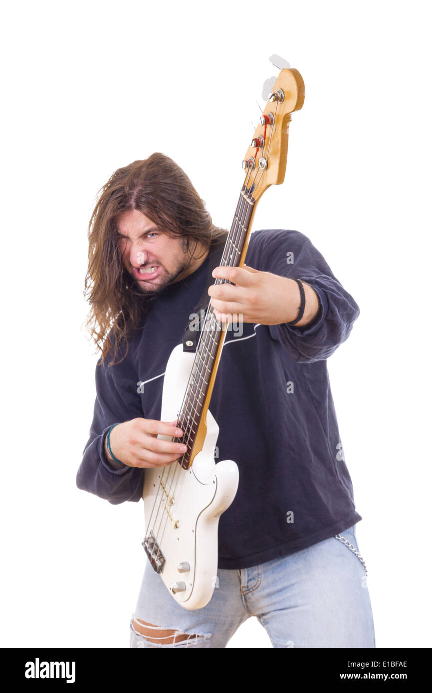 rock musician playing electric bass guitar, isolated on white ...