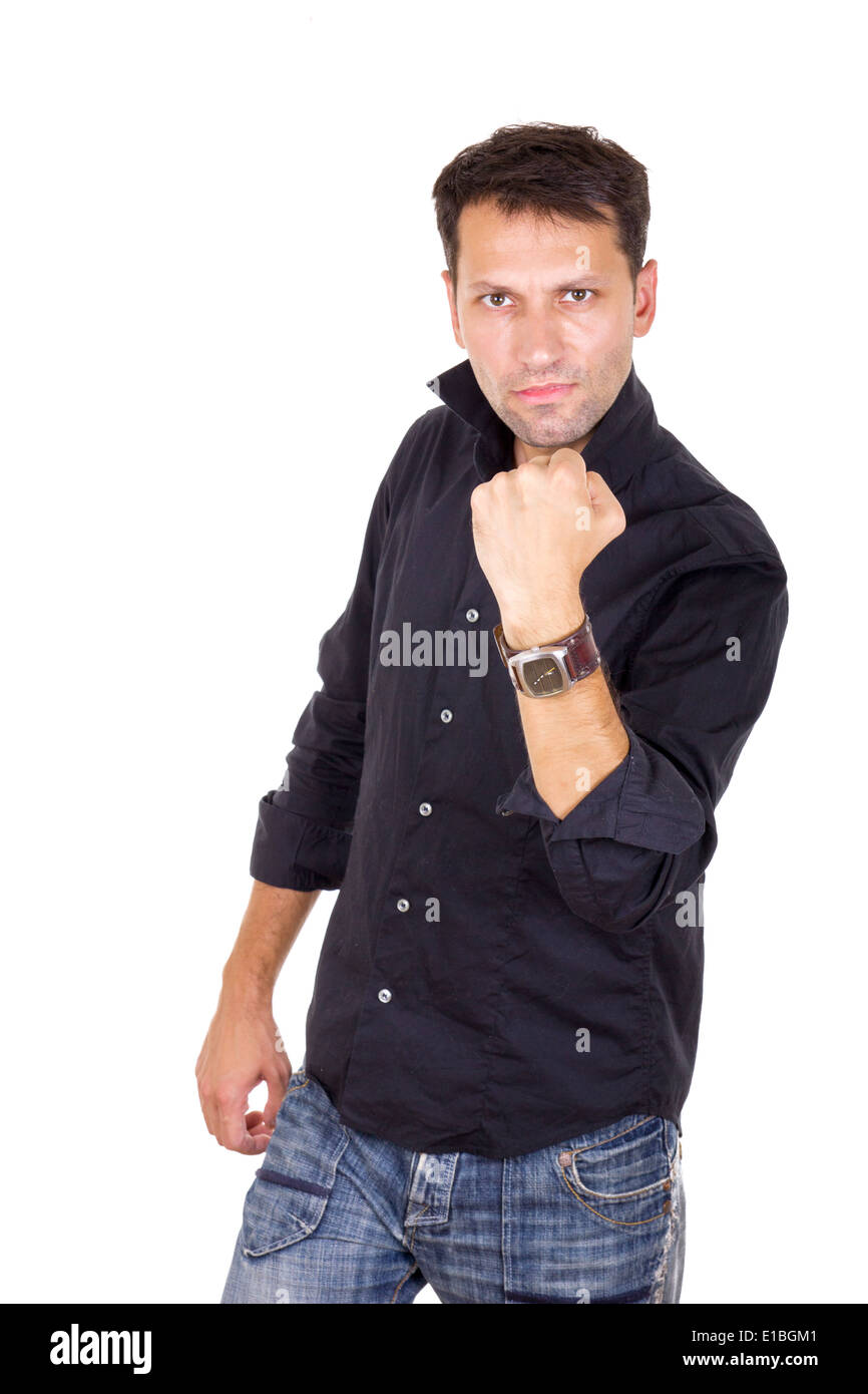 Man in black holding fist hi-res stock photography and images - Alamy