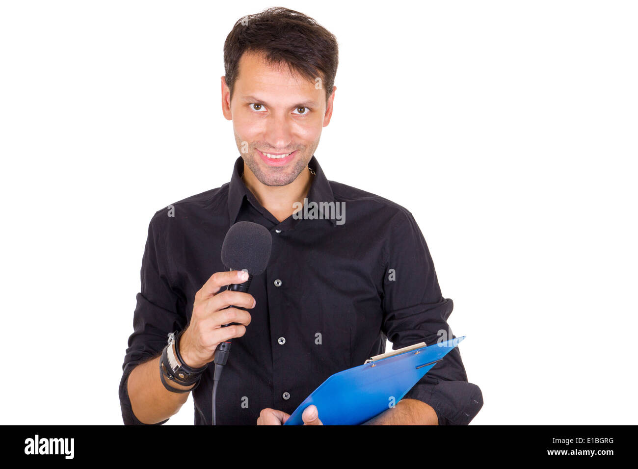 young smiling business man making statement and declaring on microphone ...