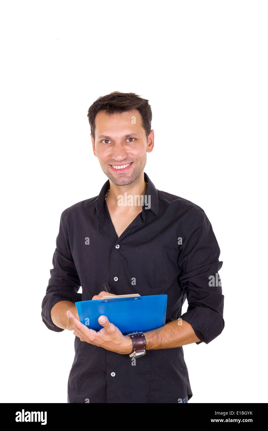 young business man taking notes against white background Stock Photo ...
