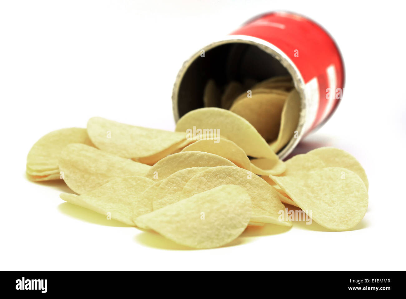 heap of potato chip infront of packet box Isolated on white background ...