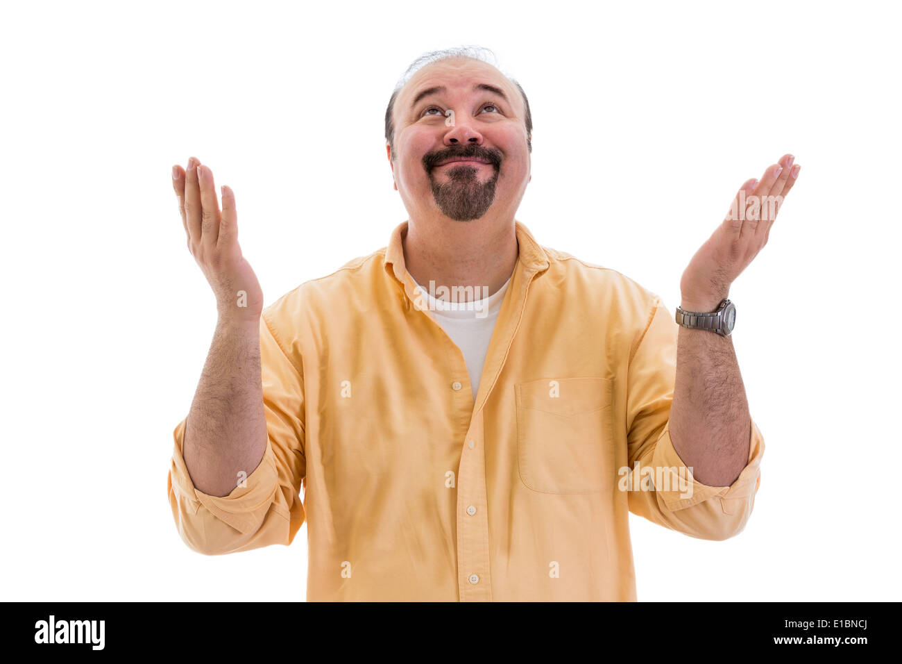 Happy middle-aged man standing celebrating a success or solution ...