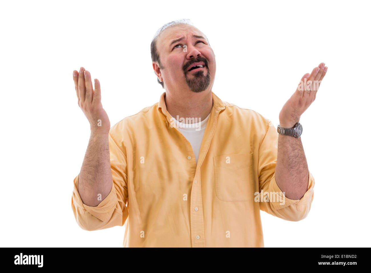 Confused perplexed man asking for clarification from Heaven raising his ...