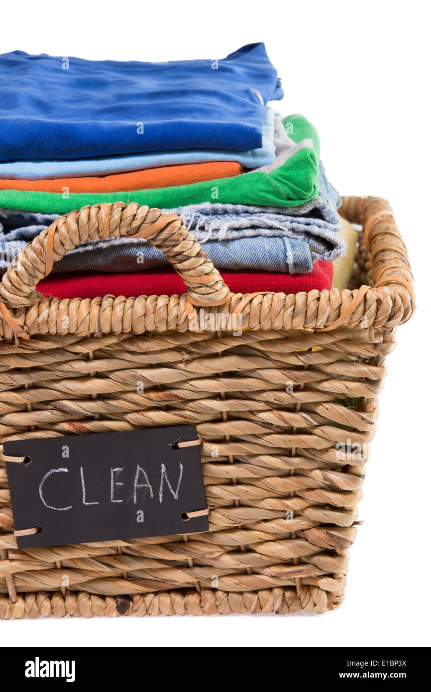 Close up view of washed fresh clean clothes neatly folded and stacked ...