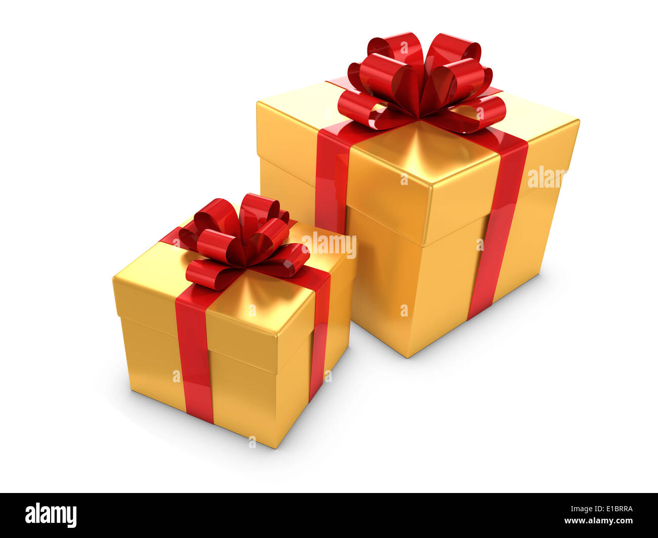 Two golden gift boxes with red ribbons and bows Stock Photo - Alamy
