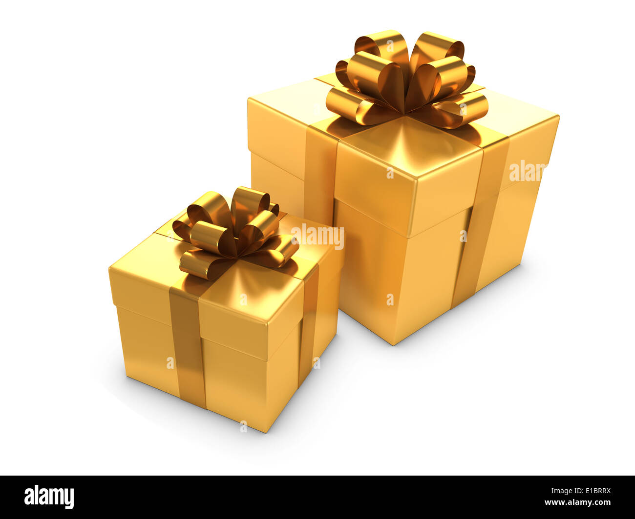 Two golden gift boxes with ribbons Stock Photo - Alamy