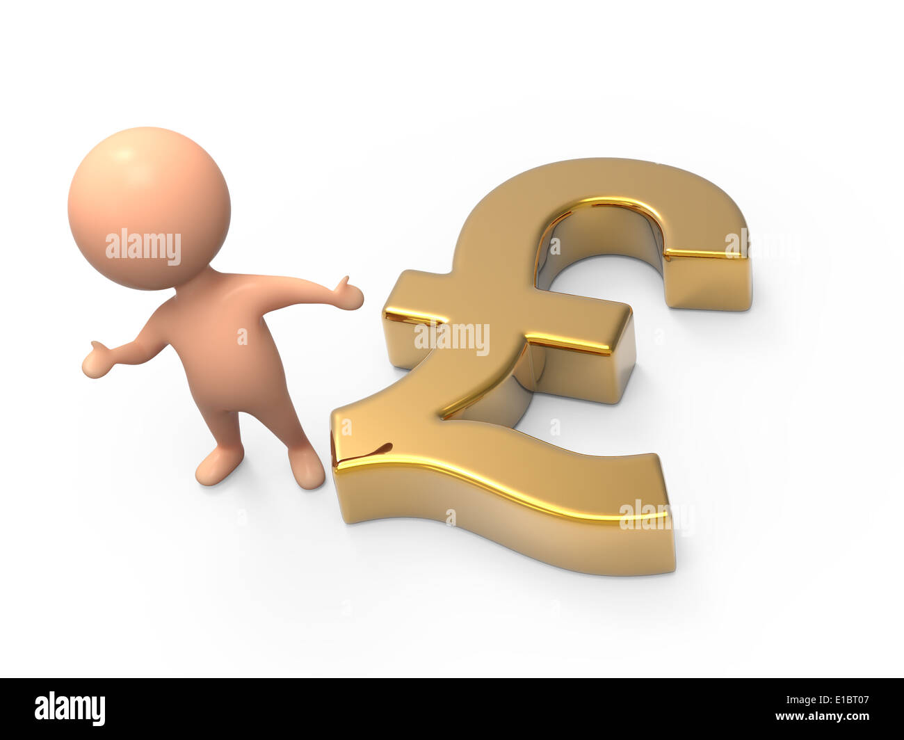 Little cartoon man next to golden UK Pounds Sterling symbol Stock Photo ...