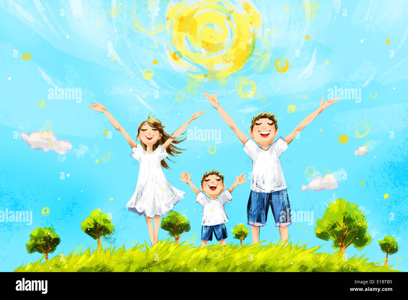 Happy family greeting spring Stock Photo - Alamy