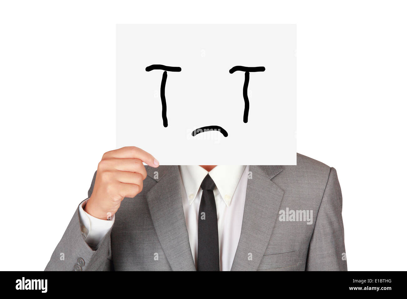 Business sad and cry holding emotion paper isolated on white background ...