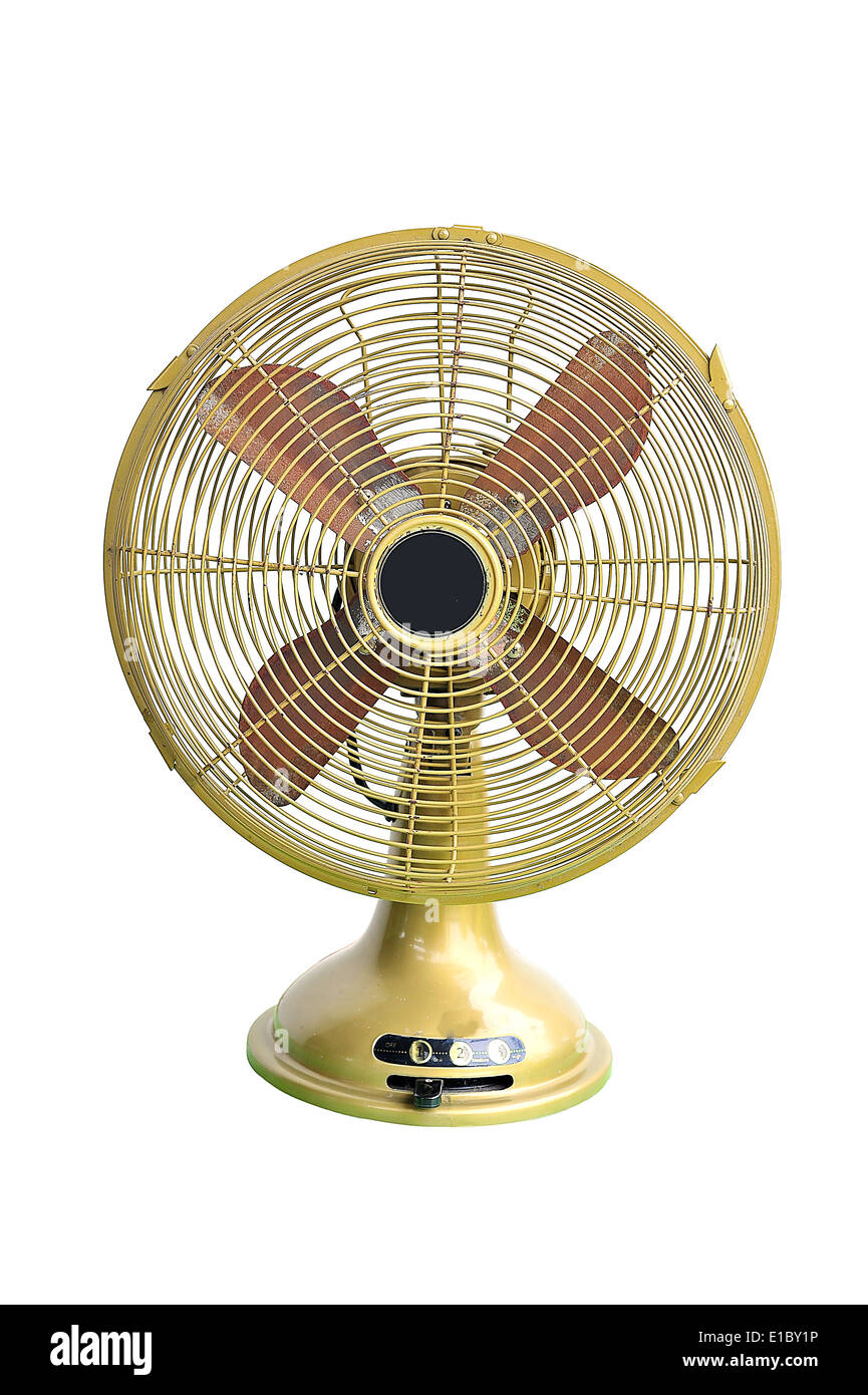 vintage yellow electric fan on white background Stock Photo - Alamy