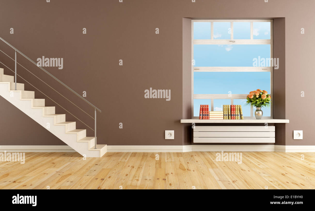 Brown living room with staircase and window - rendering Stock Photo - Alamy