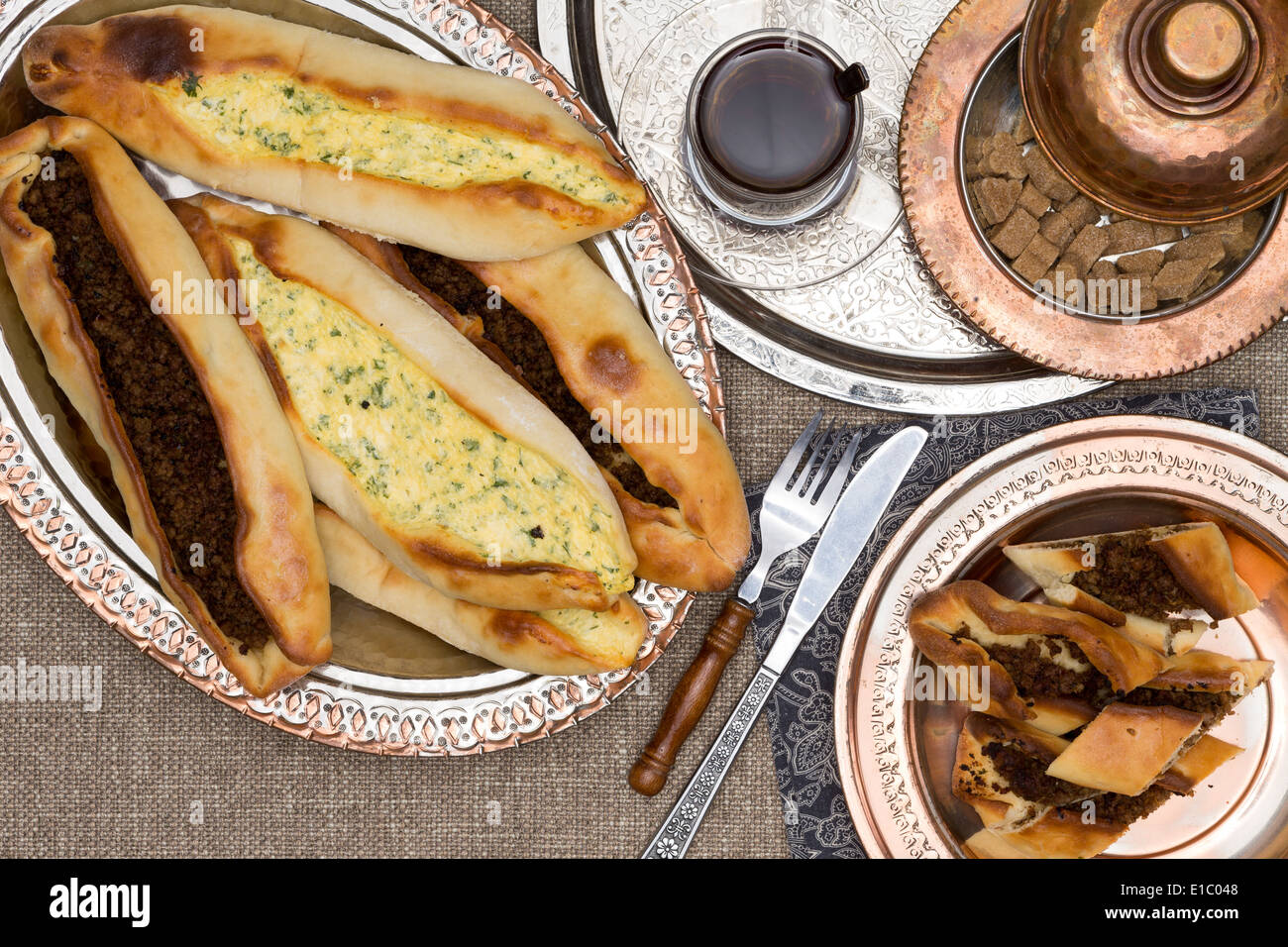 Turkish savory pide, an unleavened flatbread baked with ground beef and ...