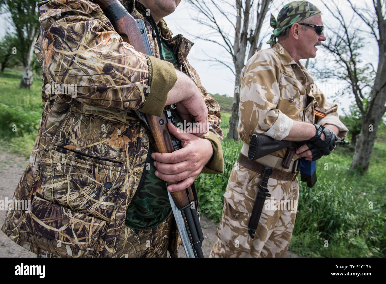 Pro-Russian militia checkpoint on the road near Donetsk during 2014 ...