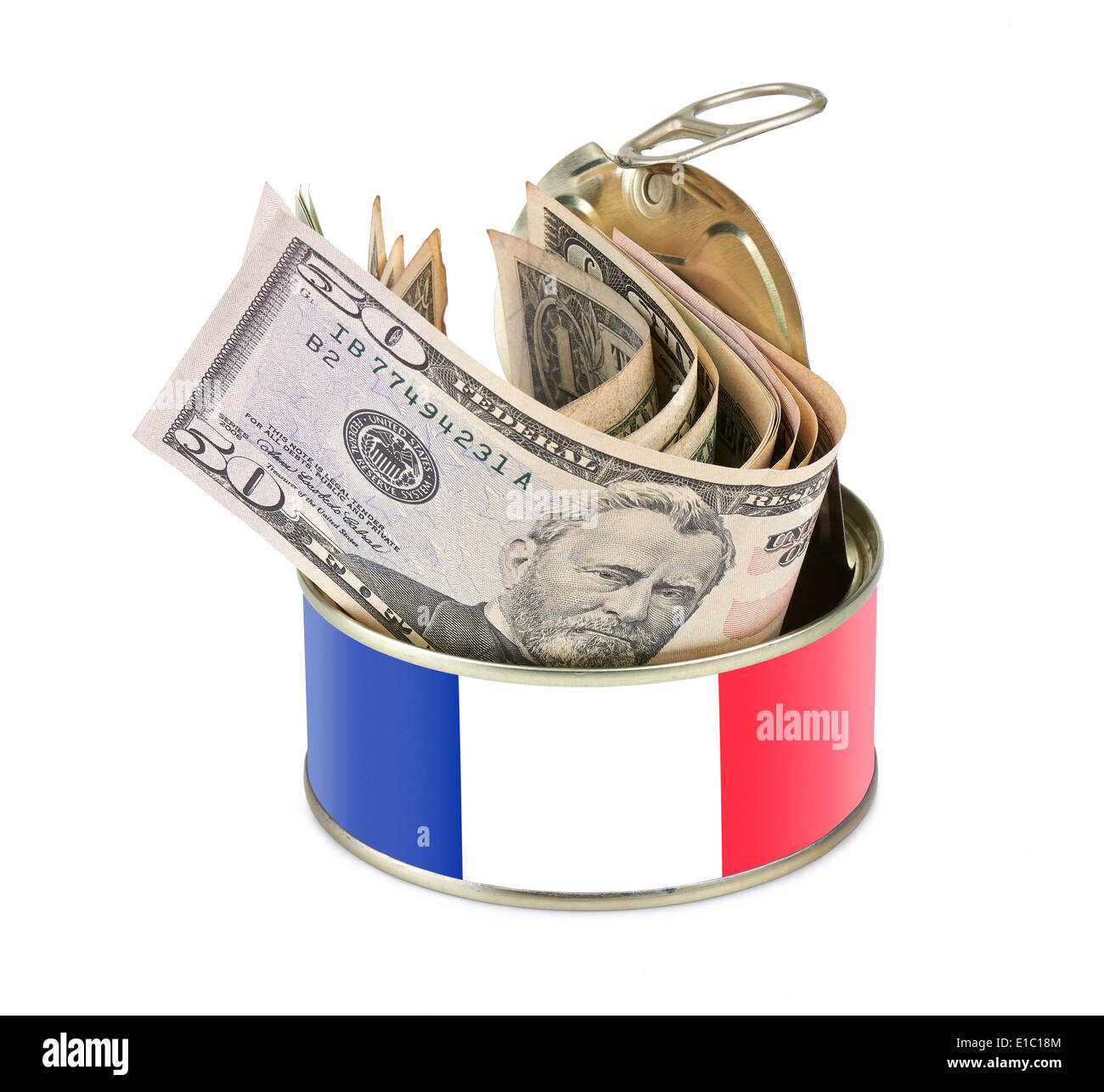 Tin can with US dollars isolated on white background - clipping path ...