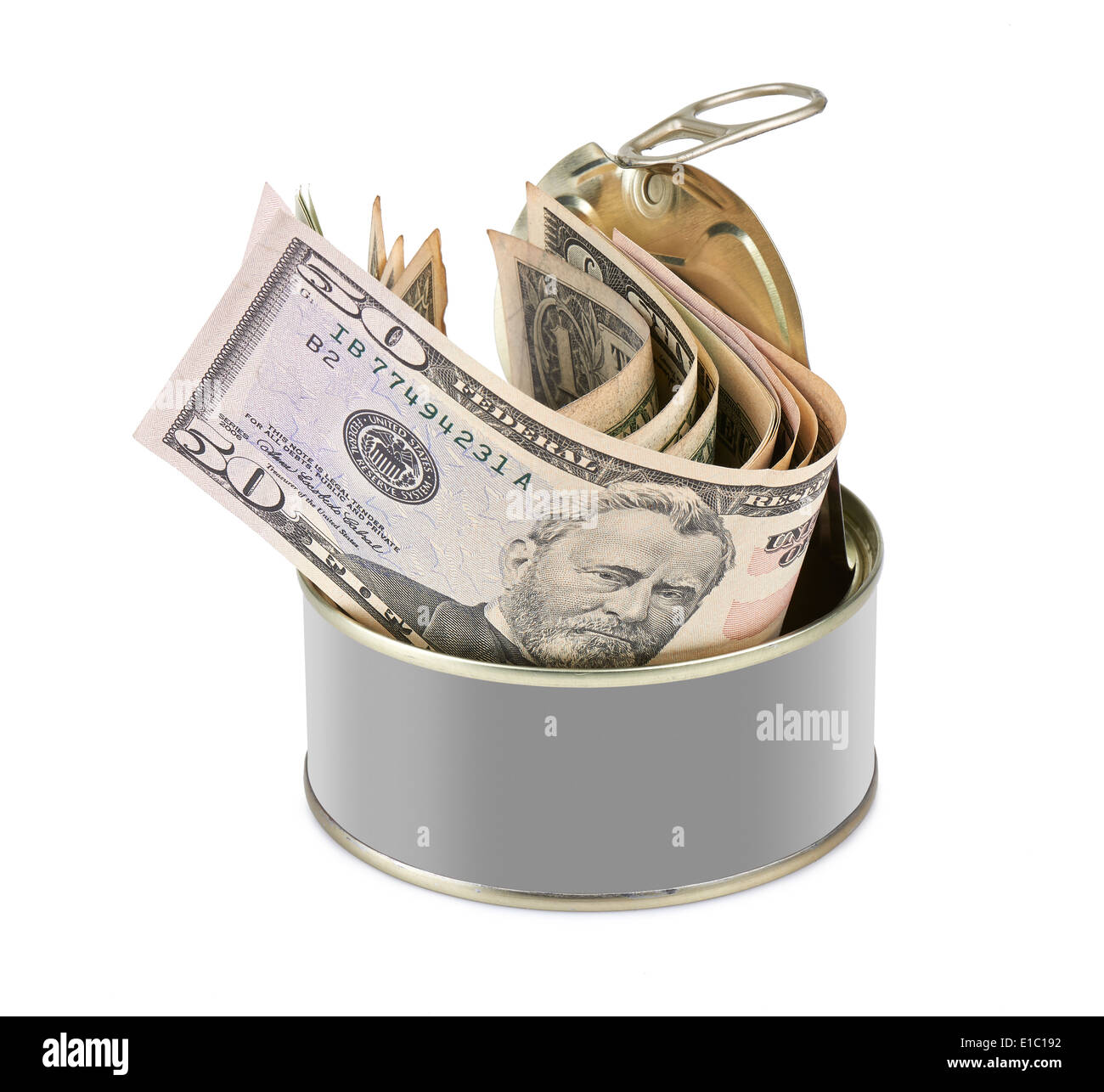 Tin can with US dollars isolated on white background - clipping path ...