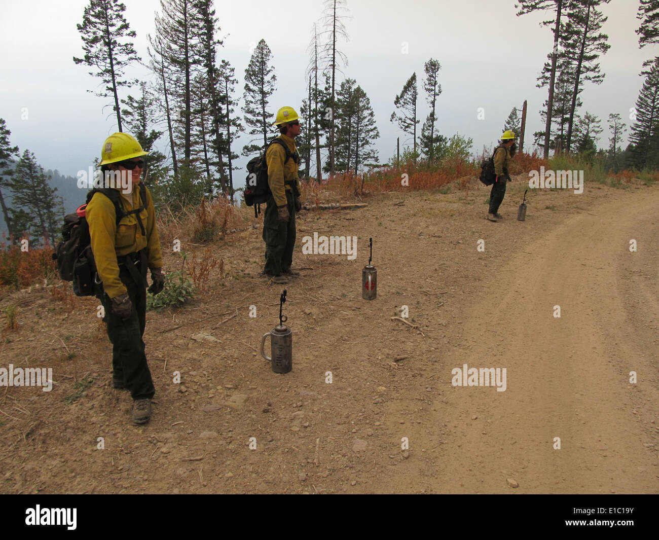 A hand crew prepares for a burnout operation during wildfire management ...