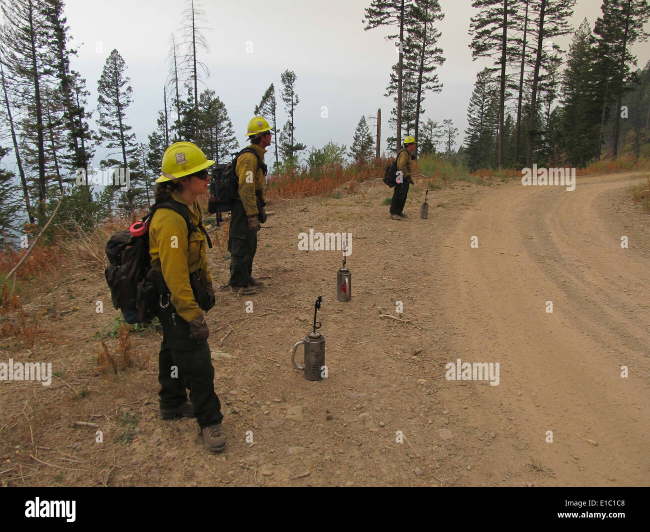 A hand crew prepares for a burnout operation, which is a fire ...