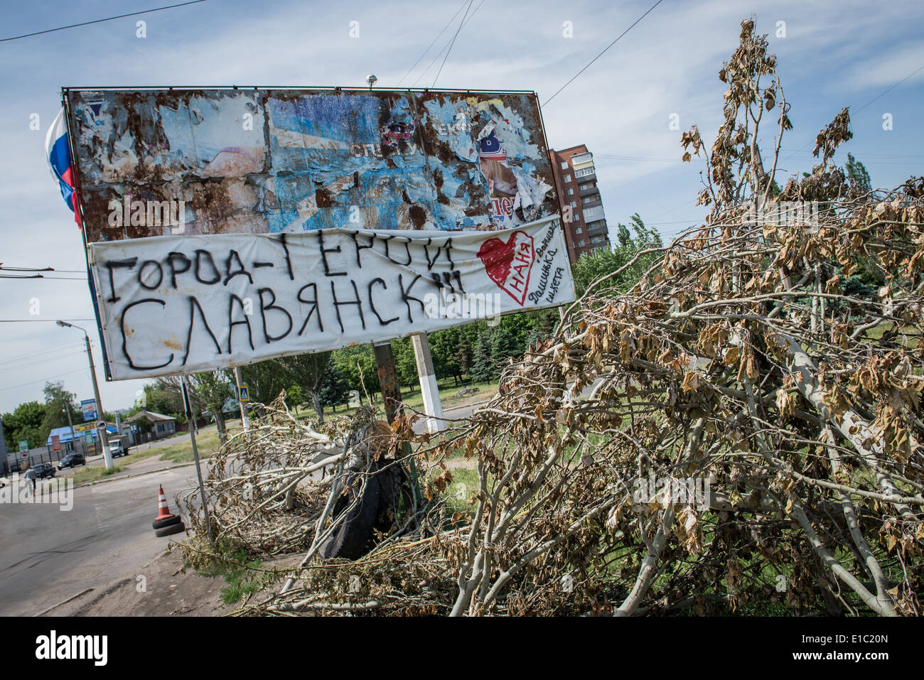 "Hero City - Sloviansk" sign on billboard on Pro-Russian militia ...