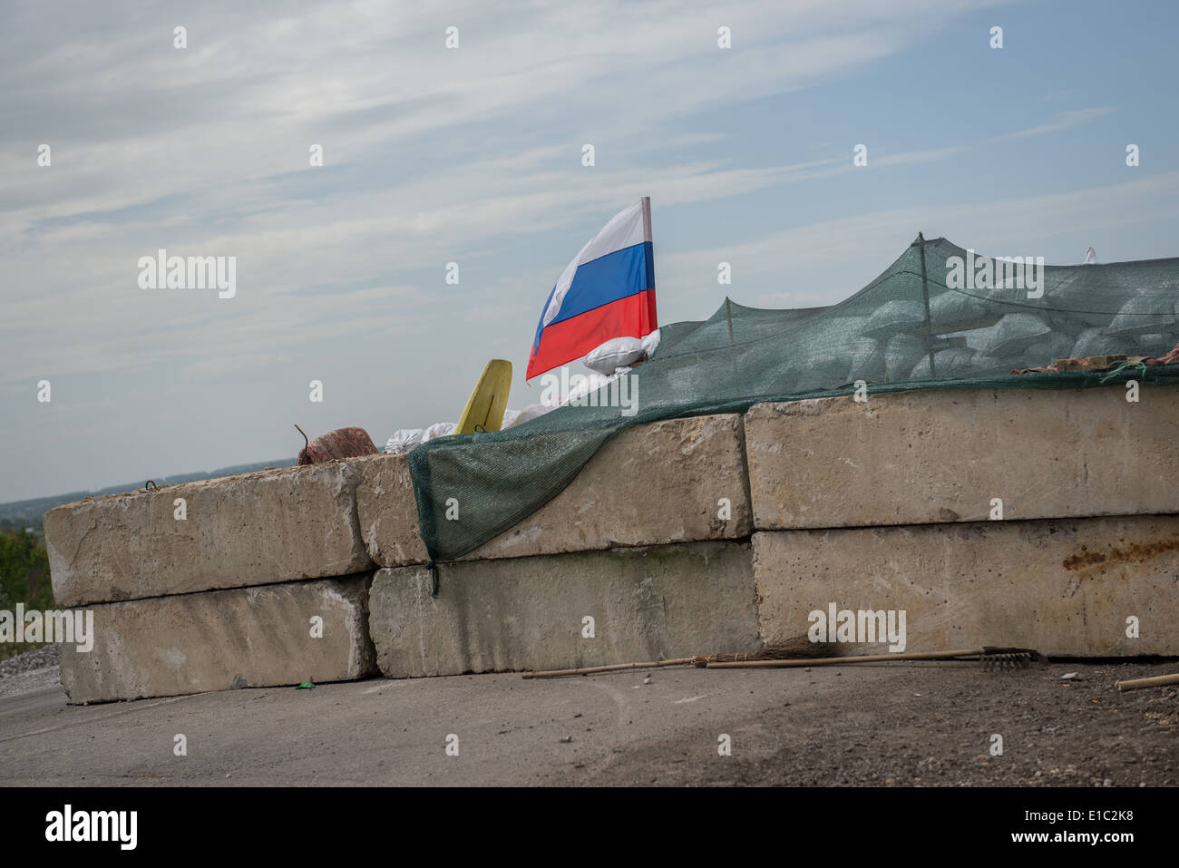 Russian flag on Pro-Russian militia checkpoint in the Semionovka ...