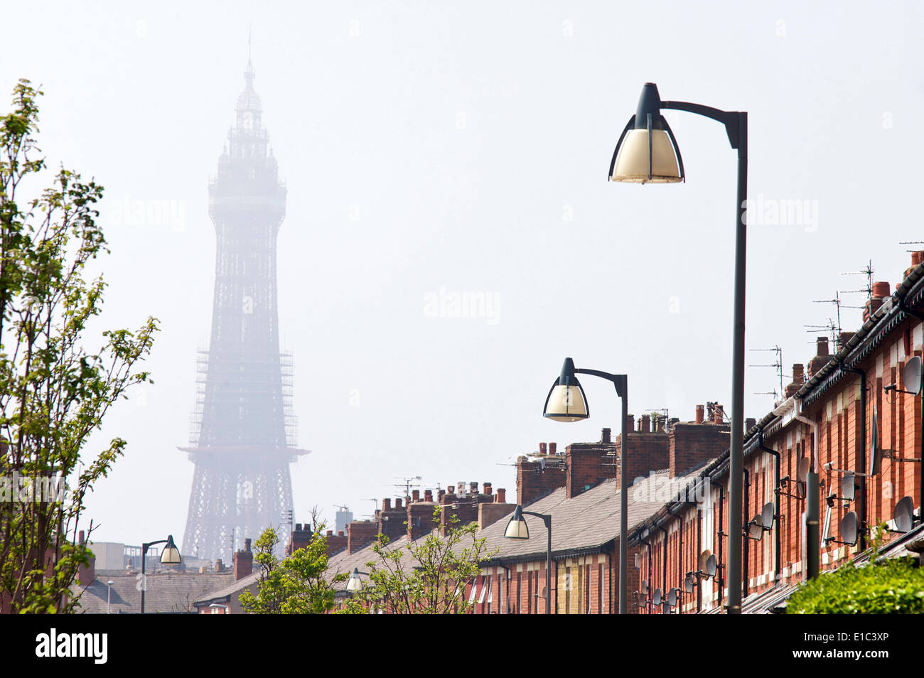 Blackpool tower and residential street on a hazy summer day Stock Photo ...