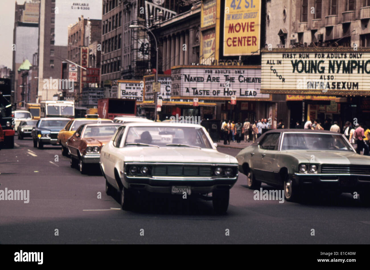 1970s America. 42nd Street between 7th and 8th Avenues. Manhattan, New ...
