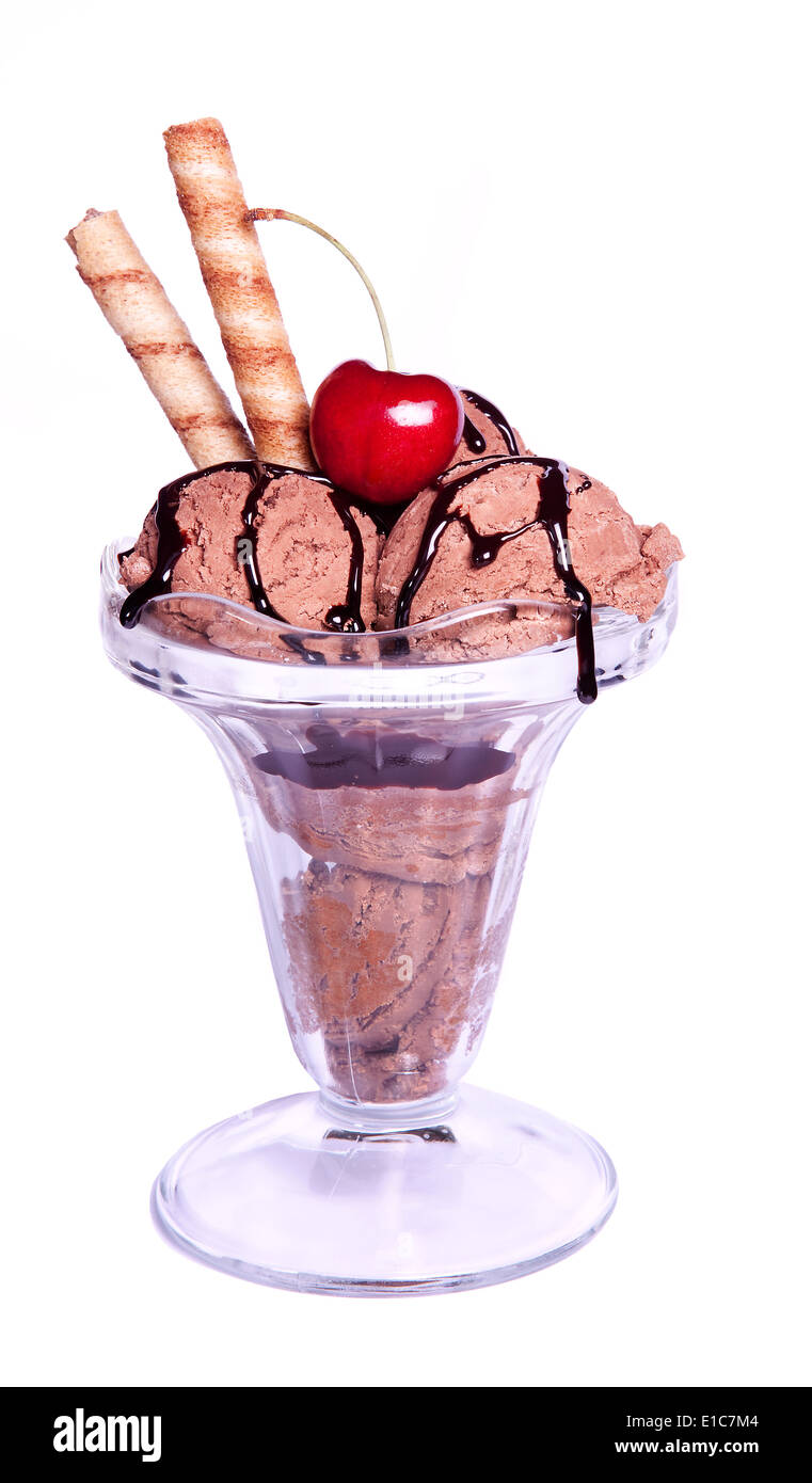 Delicious chocolate ice cream sundae with one red cherry Stock Photo ...