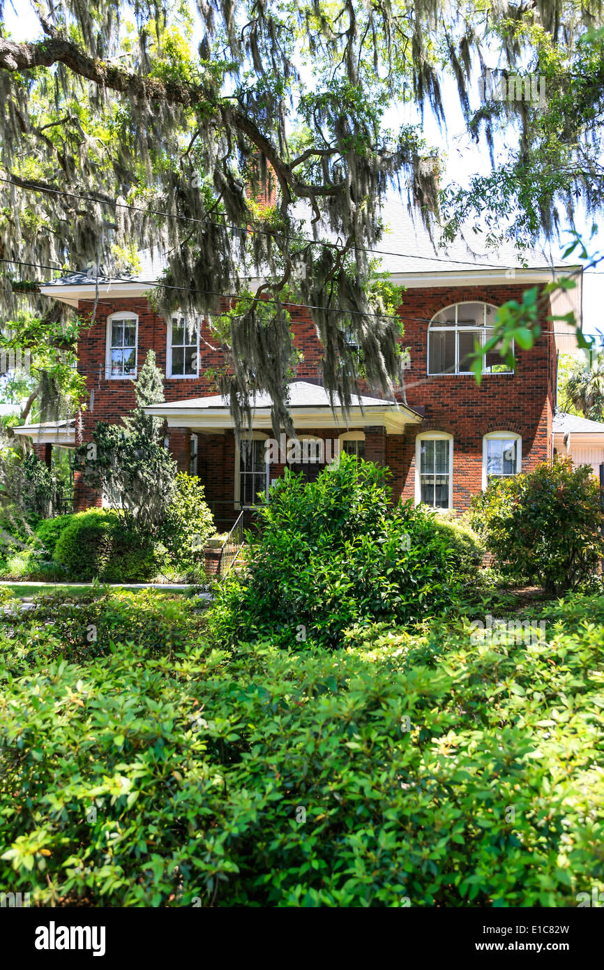 Tree covered street and house in Savannah GA Stock Photo - Alamy