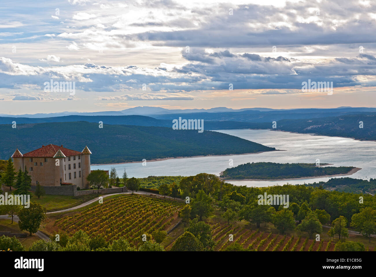 The castle at Aiguines with its vineyard above the Lake Saint Croix du ...