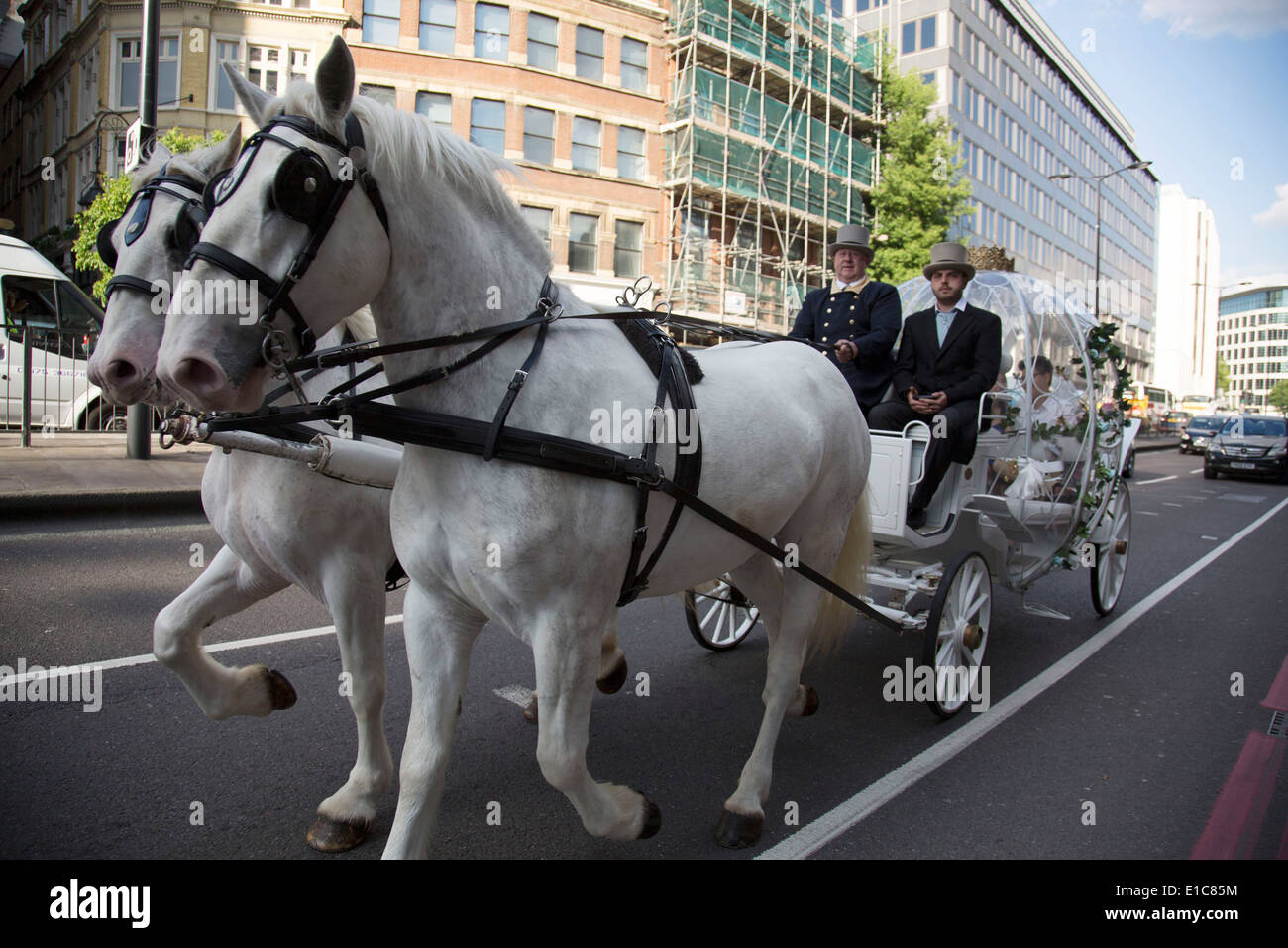 Chinese wedding couple in a horse drawn Cinderella carriage on Lower ...