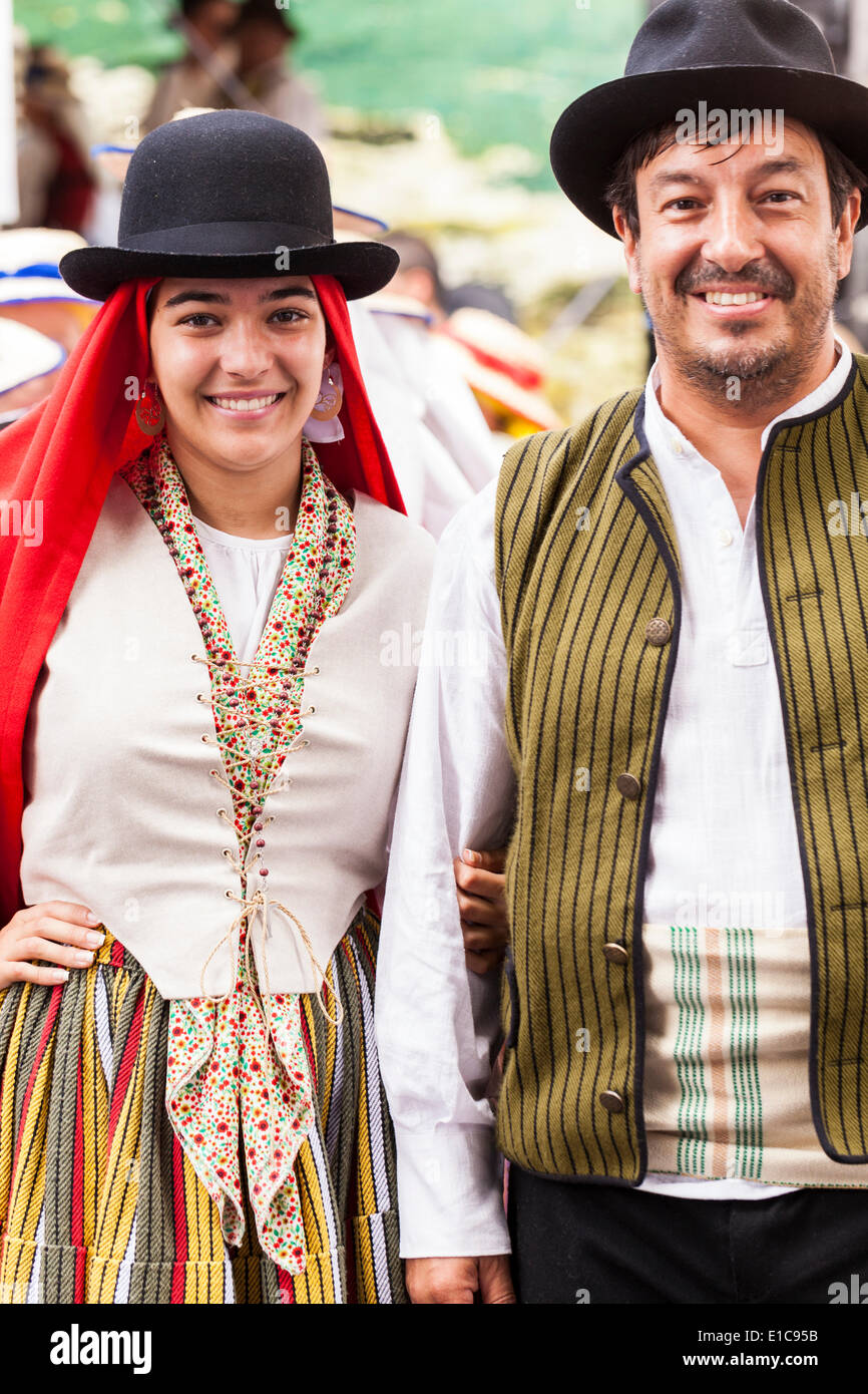 Young couple in traditional Canarian outfits at the celebrations for ...