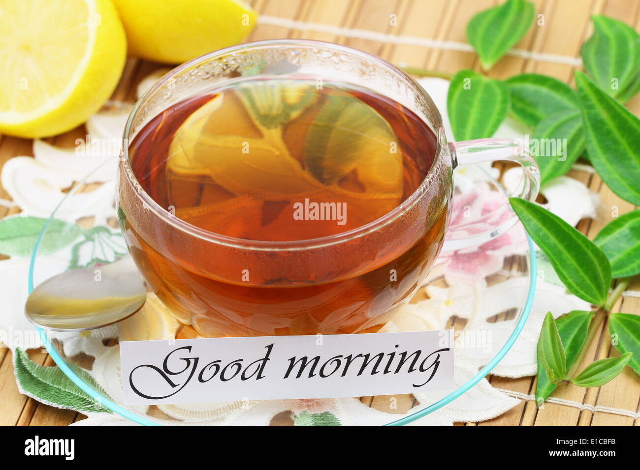 Good morning card with cup of tea Stock Photo - Alamy