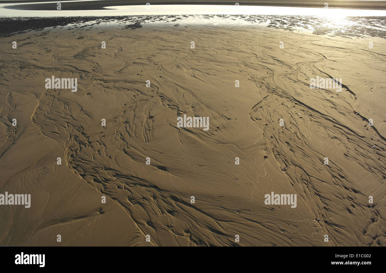 Wide braided stream channel crossing dry expanse of beach sand towards ...